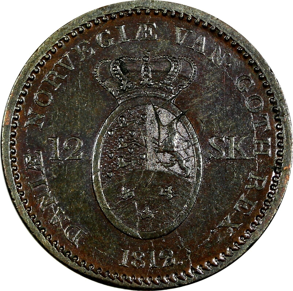 Denmark Copper 1812 IC 12 Skilling Struck Over 1 Skilling aUNC KM# 673 ...