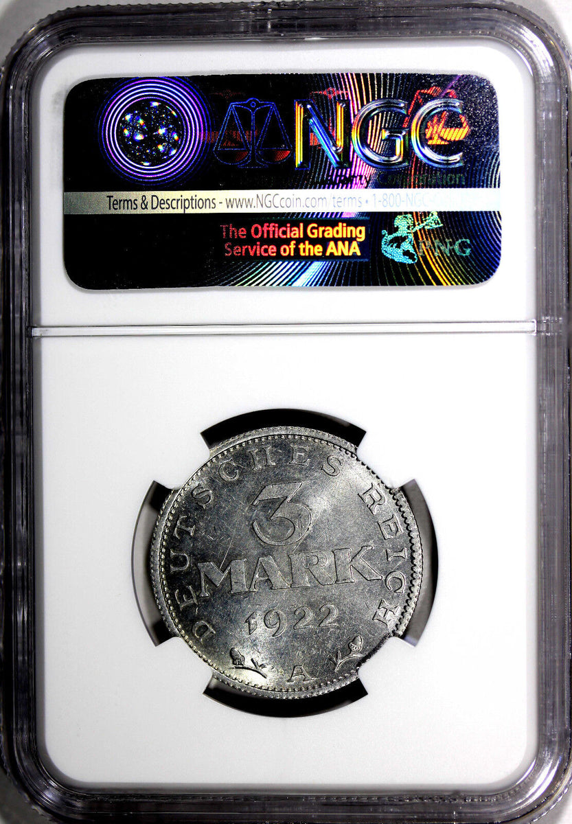 Germany,Weimar Republic 1922 A 3 Mark NGC MS63 LEGEND AROUND EAGLE KM ...